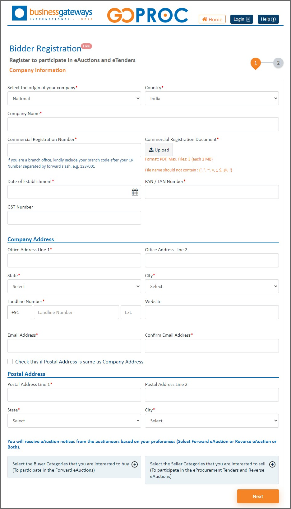 Bidder Registration Help guide | GOPROC